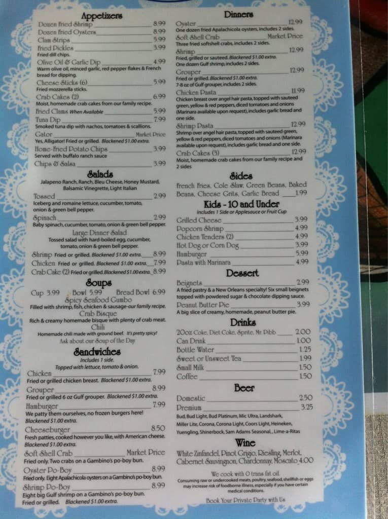 Menu at Millies Cafe, Panama City