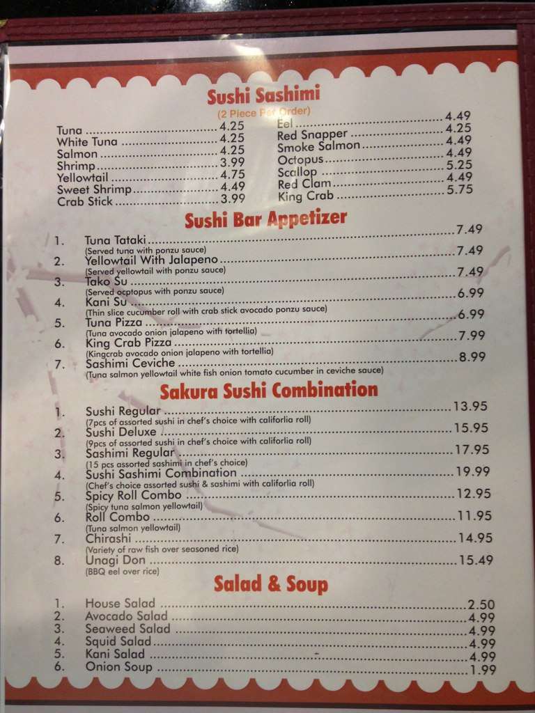 Menu at Sakura steakhouse, Christiansburg