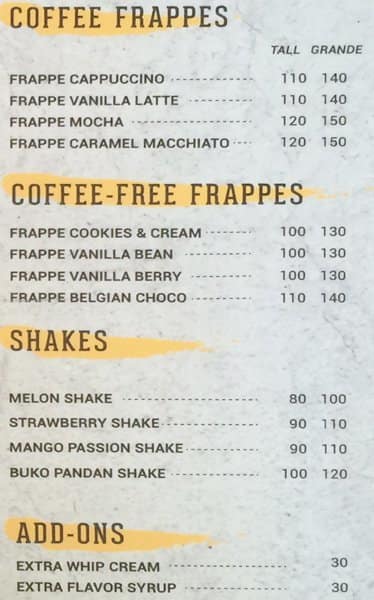 Menu at Ondo Espresso cafe, Cebu City
