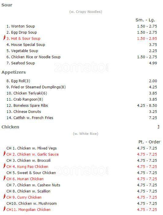 Menu at China Lantern restaurant, McKenzie