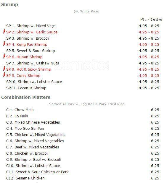 Menu at China Lantern restaurant, McKenzie