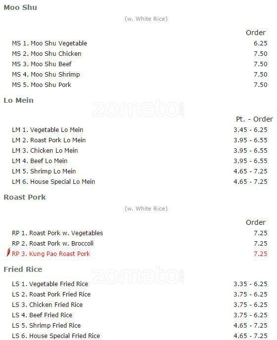 Menu at China Lantern restaurant, McKenzie