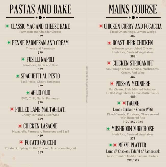Menu of Roast The Caffeine Capital, Hitech City, Hyderabad