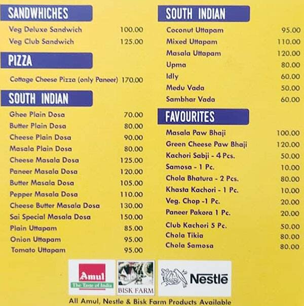Menu of Sai Cafe, Shyam Bazar, Kolkata