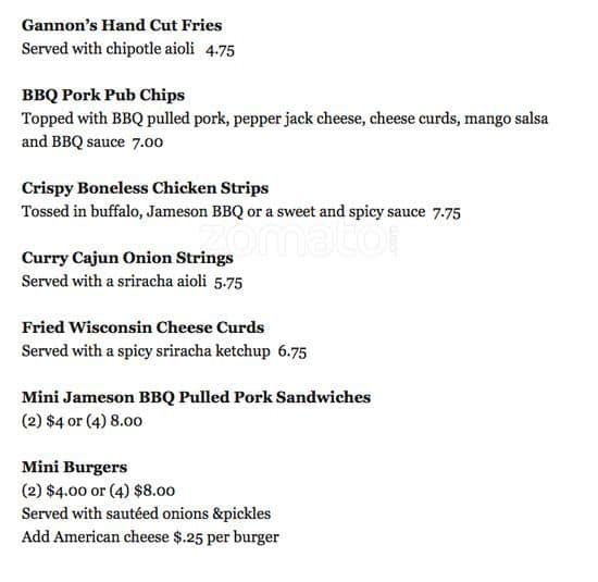 Menu at Gannon's Pub, Chicago