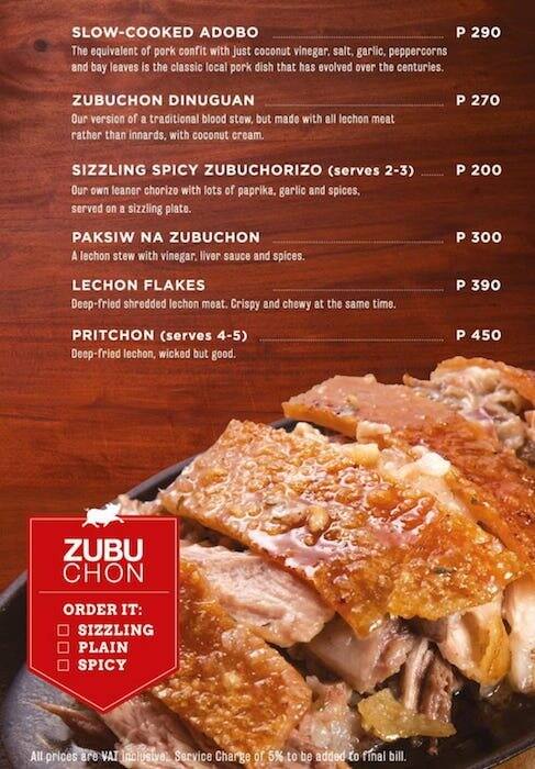 Menu at Zubuchon restaurant, Cebu City, 8V9V+2J9