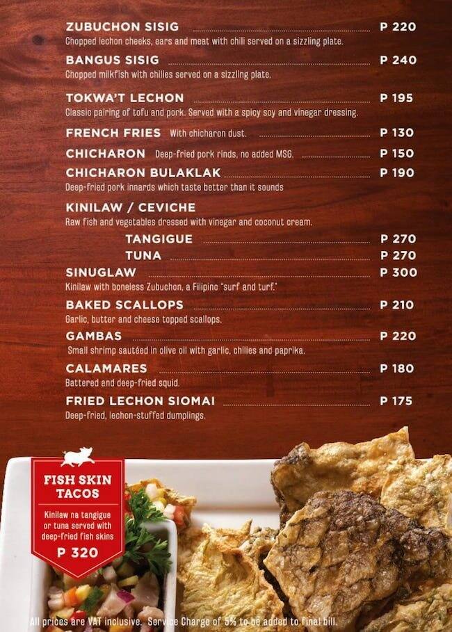 Menu at Zubuchon restaurant, Cebu City, 8V9V+2J9