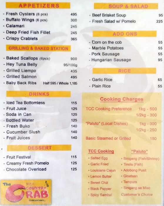 Menu at The Country Chef restaurant, Pasay