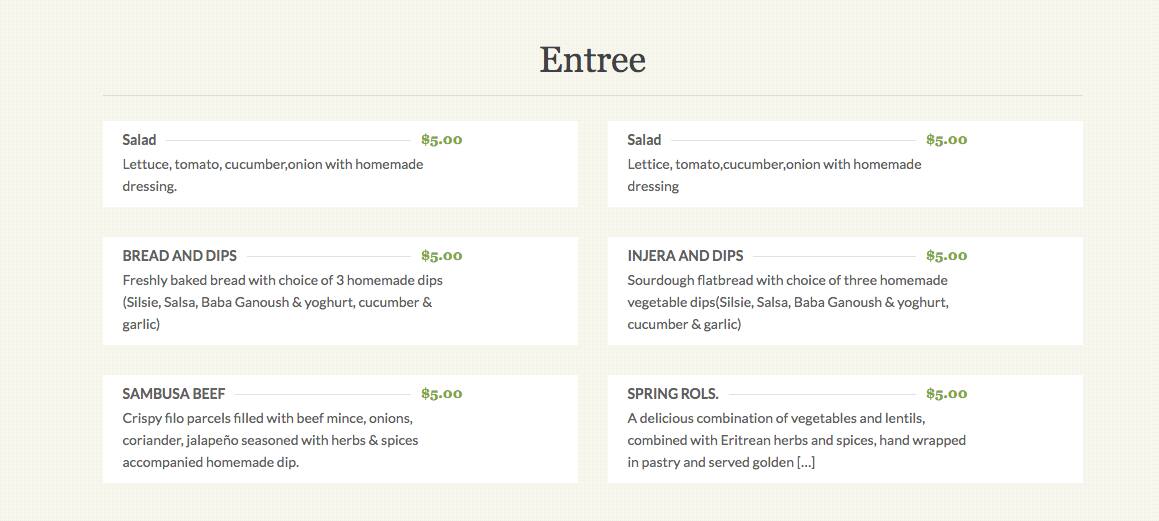 Menu at Arhibu Ethiopian and Eritrean restaurant, Moorooka