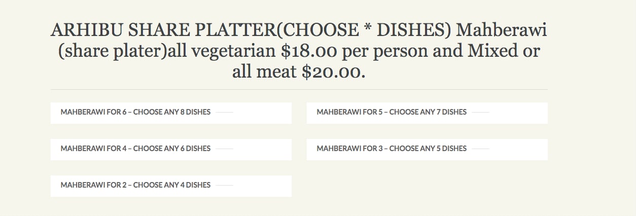 Menu at Arhibu Ethiopian and Eritrean restaurant, Moorooka