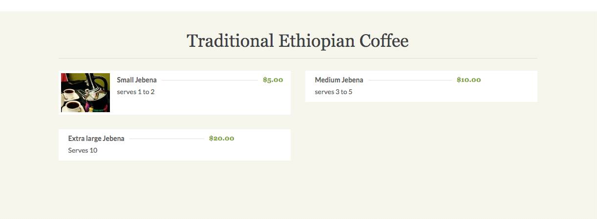 Menu at Arhibu Ethiopian and Eritrean restaurant, Moorooka