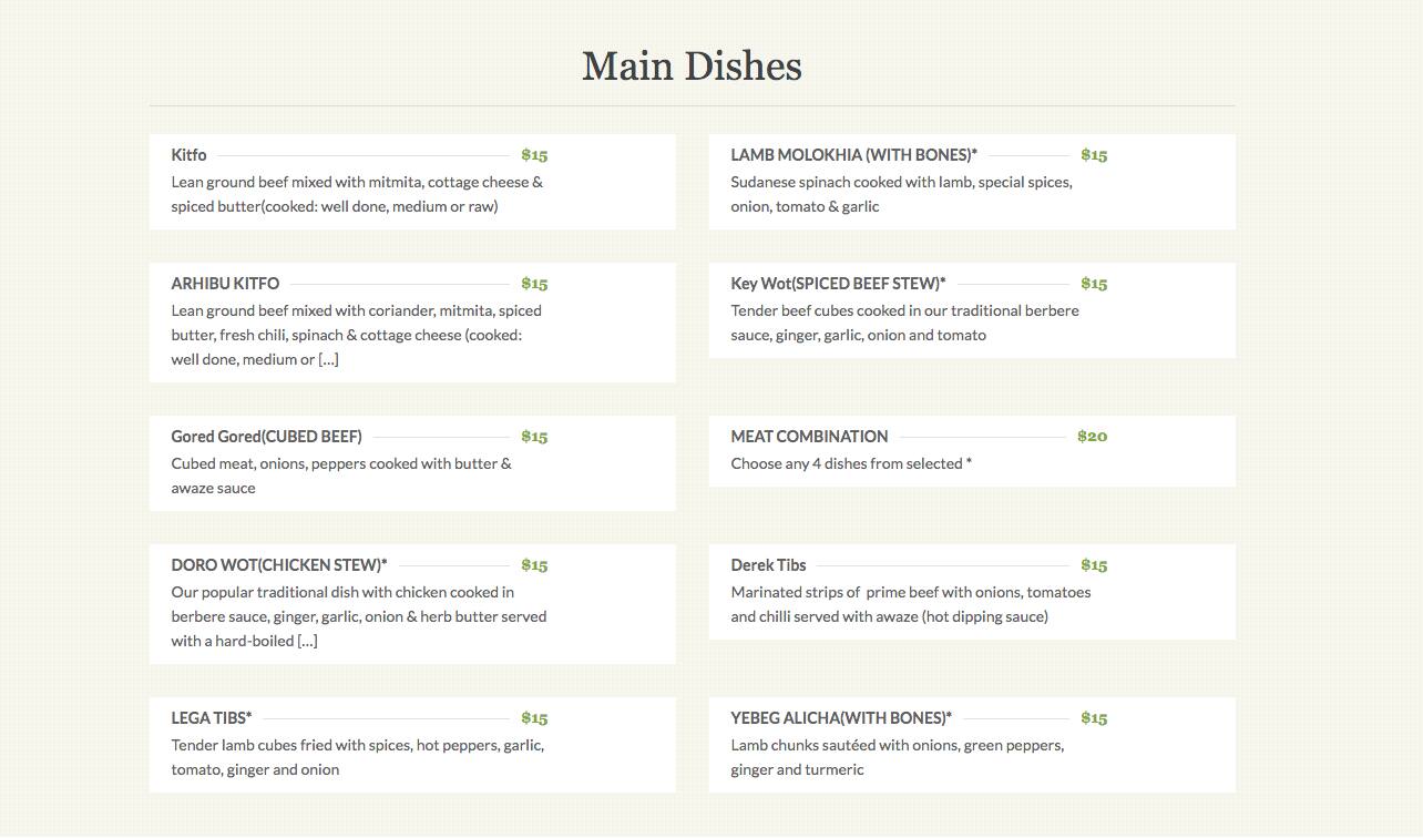 Menu at Arhibu Ethiopian and Eritrean restaurant, Moorooka