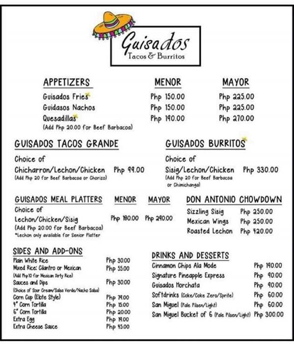 Menu at Guisados Fil-Mex Restaurant, Quezon City, 26 Holy Spirit Dr