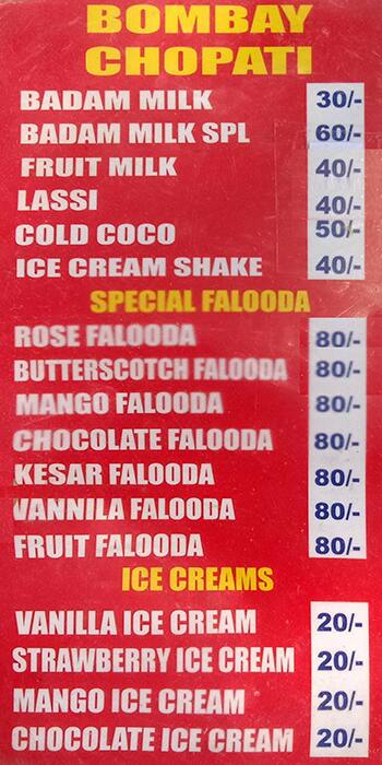 Menu of Bombay Chopati, Kilpauk, Chennai