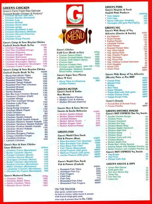 Menu of Green Chick Chop, Alpha 1, Greater Noida