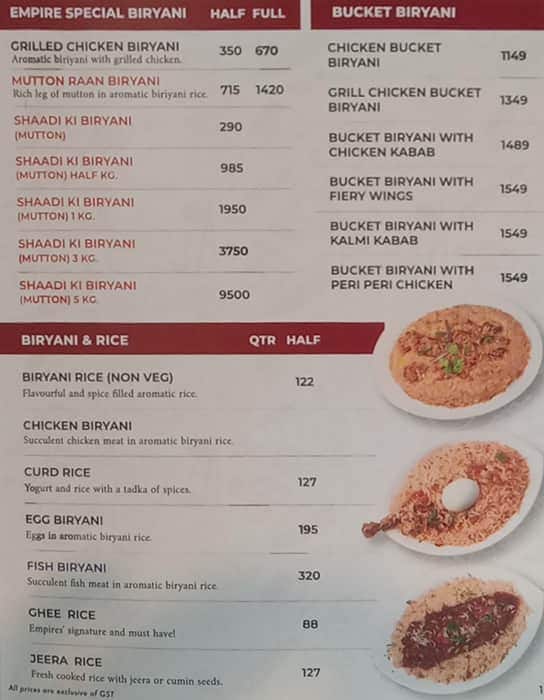 Menu of Empire Restaurant Church Street Bangalore