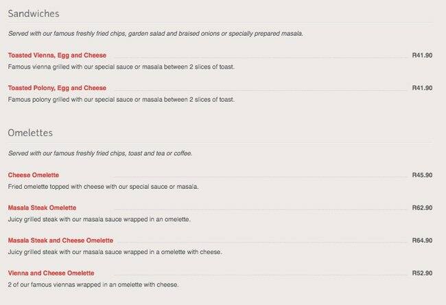 Menu at Aneesa's Foods, Cape Town, Chempet Building