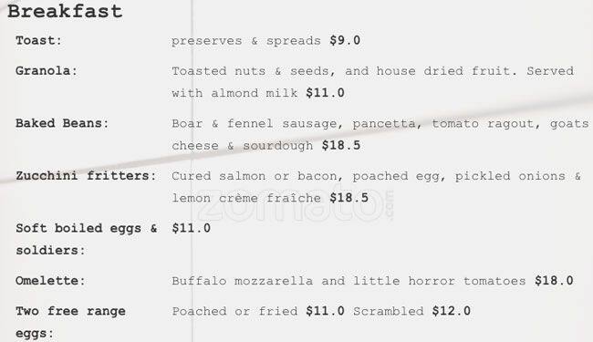 Menu at Sub Rosa cafe, Auckland