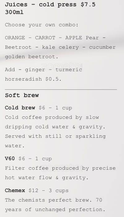Menu at Sub Rosa cafe, Auckland