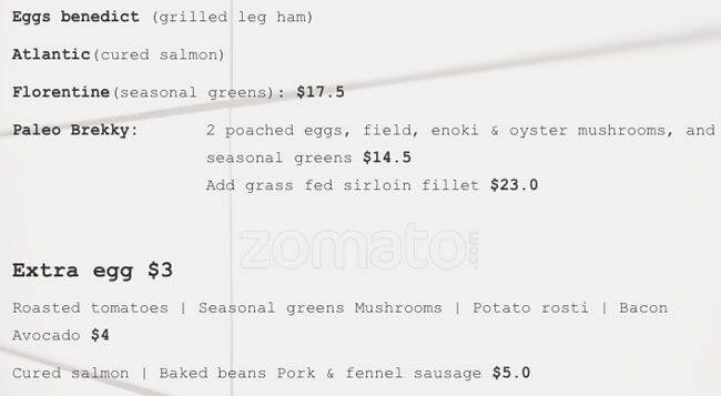 Menu at Sub Rosa cafe, Auckland