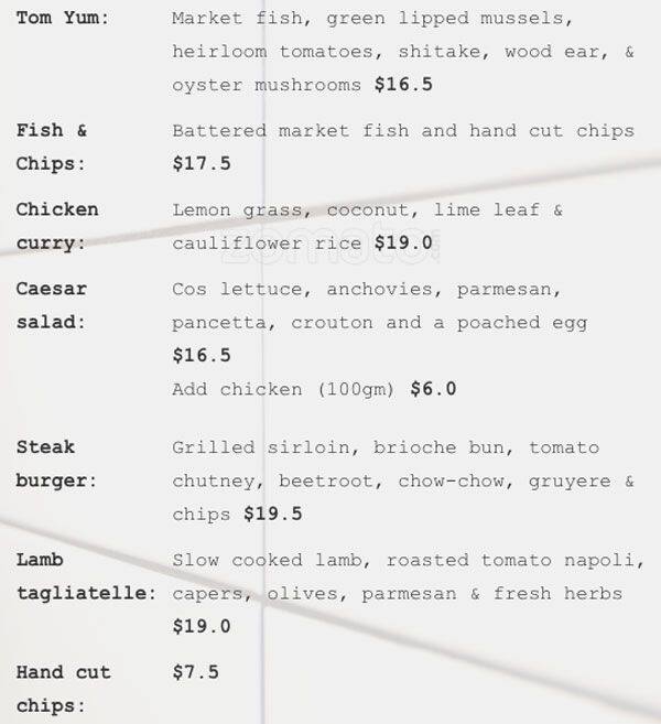 Menu at Sub Rosa cafe, Auckland