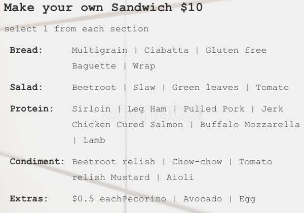 Menu at Sub Rosa cafe, Auckland