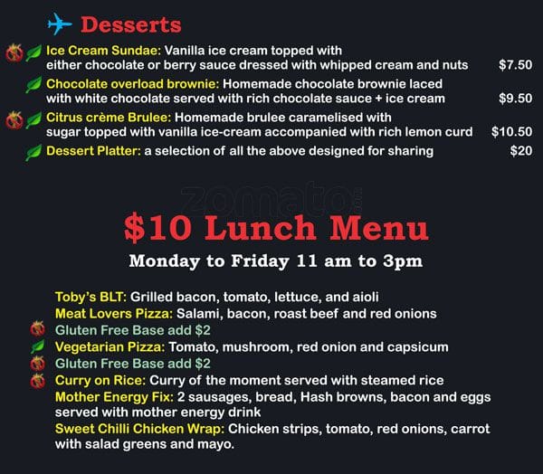 Menu at The Toby Jug restaurant, Auckland