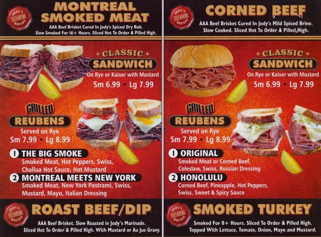 Menu at Jody's Deli restaurant, Toronto, 64 Kingston Road
