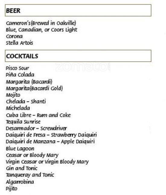 Menu at Machu Picchu Restaurant, Oakville, Speers Rd