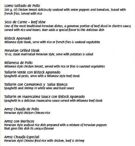 Menu at Machu Picchu Restaurant, Oakville, Speers Rd