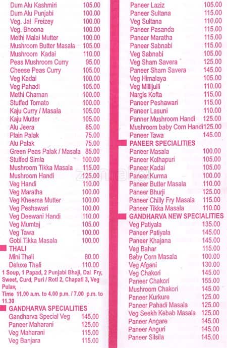 Menu at Gandarv Pure Veg Restaurant, Pune