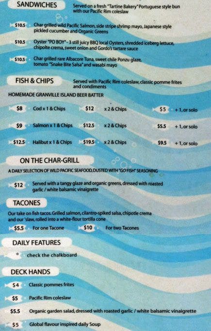 Menu at Go Fish restaurant, Vancouver, W 1st Ave