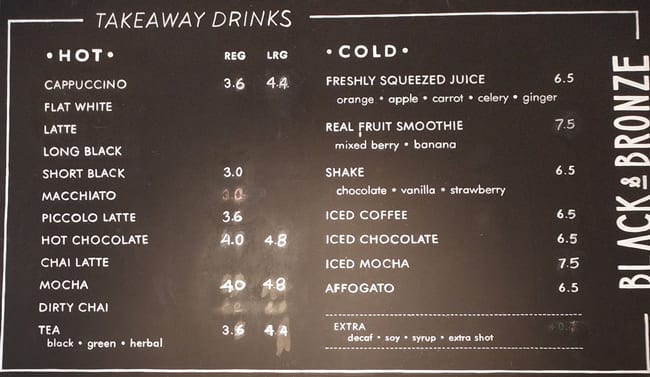Menu at Black & Bronze cafe, Sydney