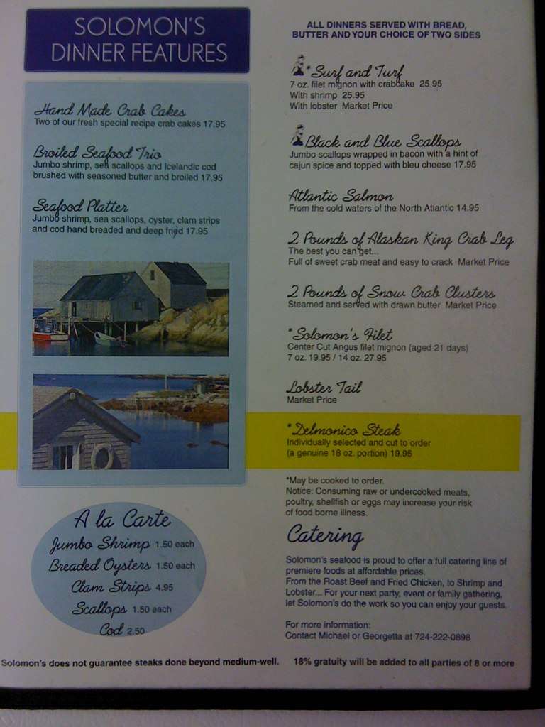 Menu at Solomon Seafood restaurant, Washington