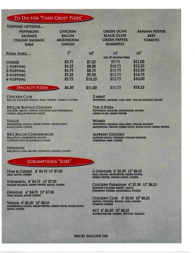 Menu at Z-Place Pizza pizzeria, Huntington