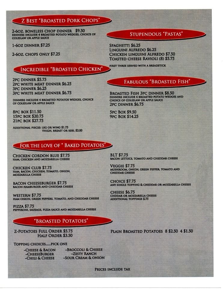 Menu at Z-Place Pizza pizzeria, Huntington