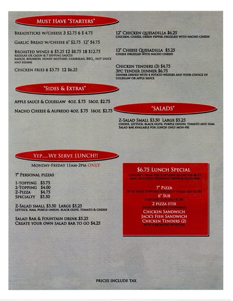 Menu at Z-Place Pizza pizzeria, Huntington