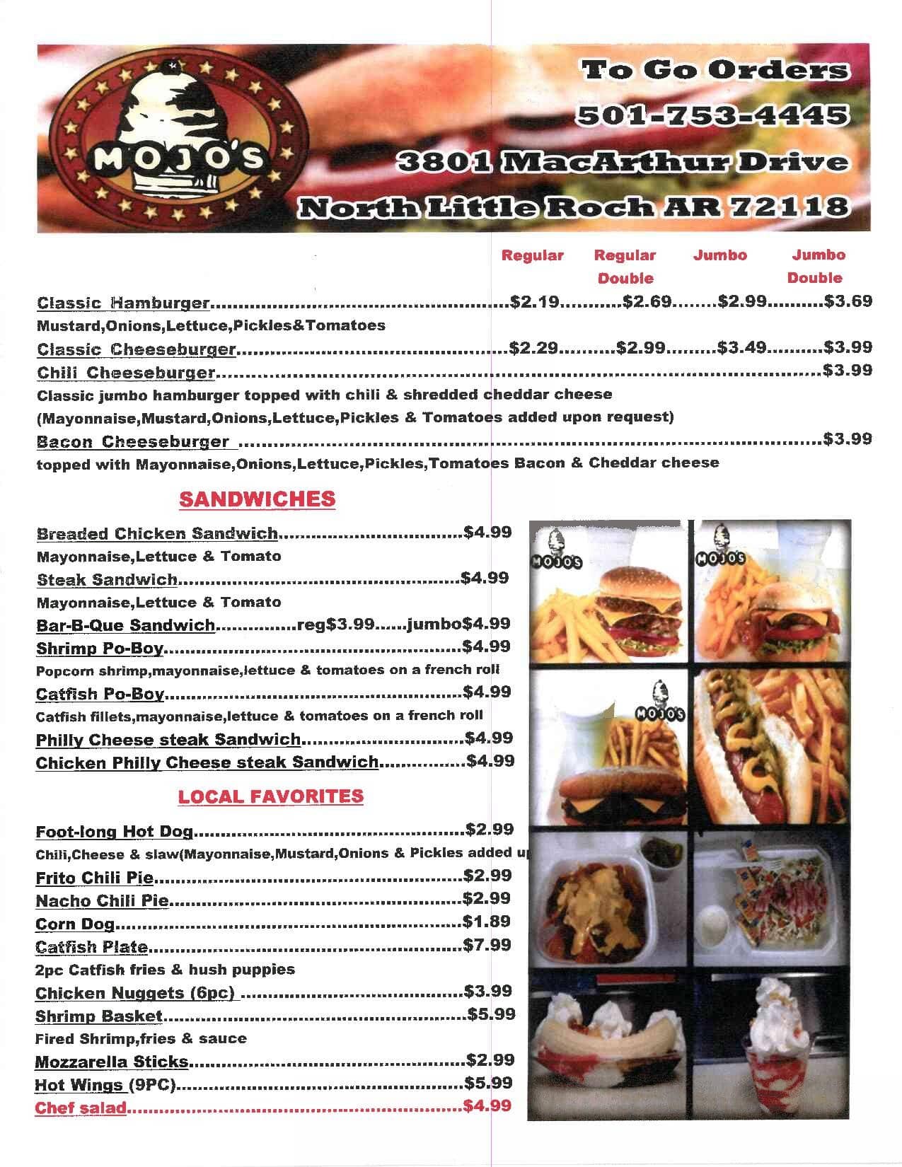 Menu at Mojo's BBQ, North Little Rock, MacArthur Dr