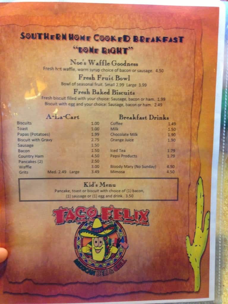 Menu at Taco Felix restaurant, Hernando, 390 E Commerce St