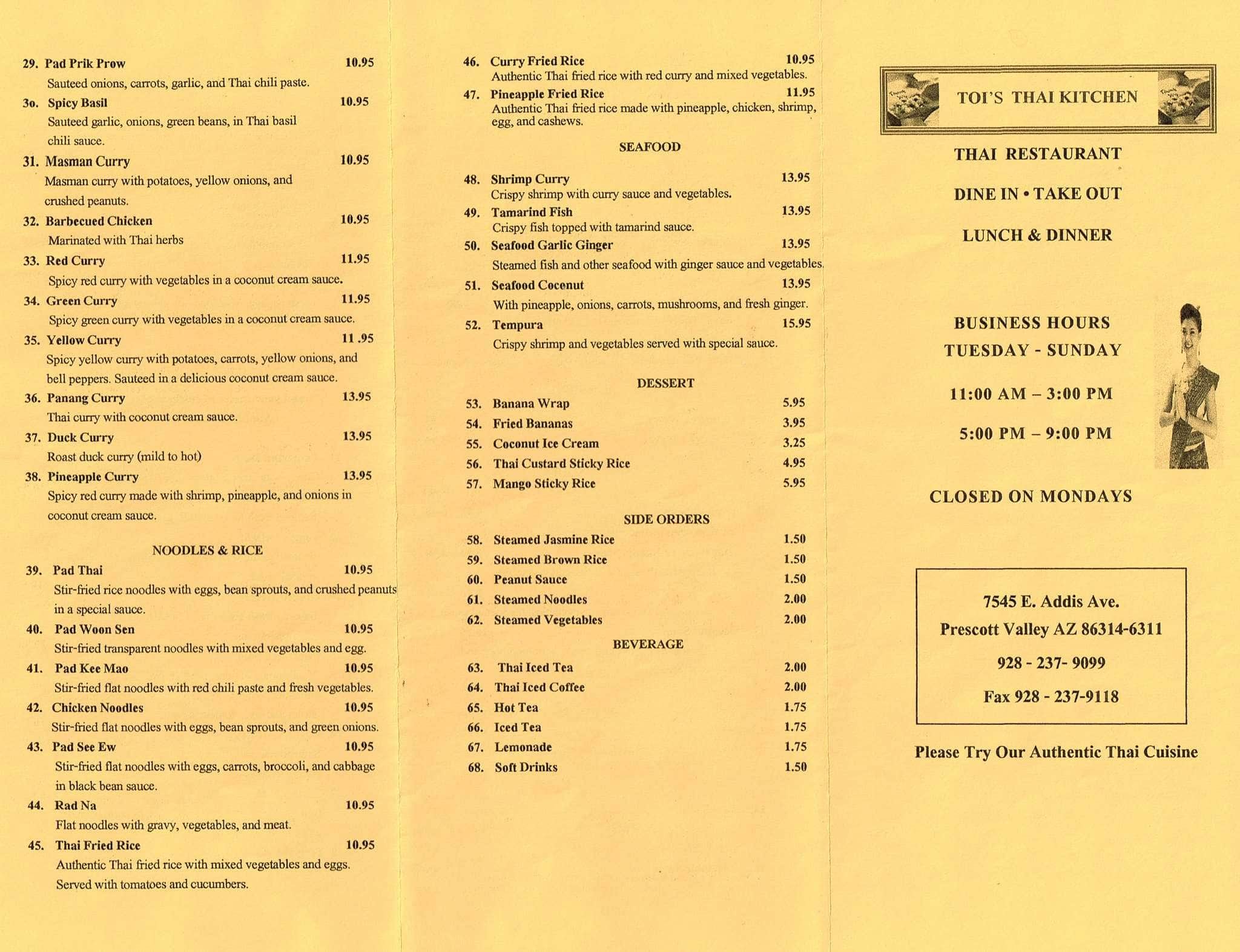 Menu at Toi's Thai Kitchen restaurant, Prescott Valley