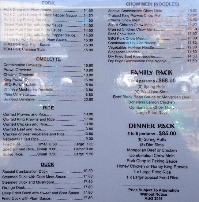 Menu at Golden Chopsticks restaurant, Saint Marys