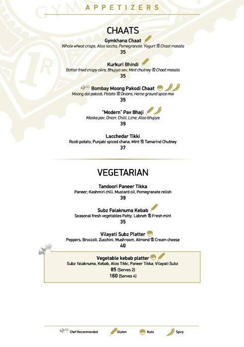 Menu at Gymkhana restaurant, Doha, Ground Floor