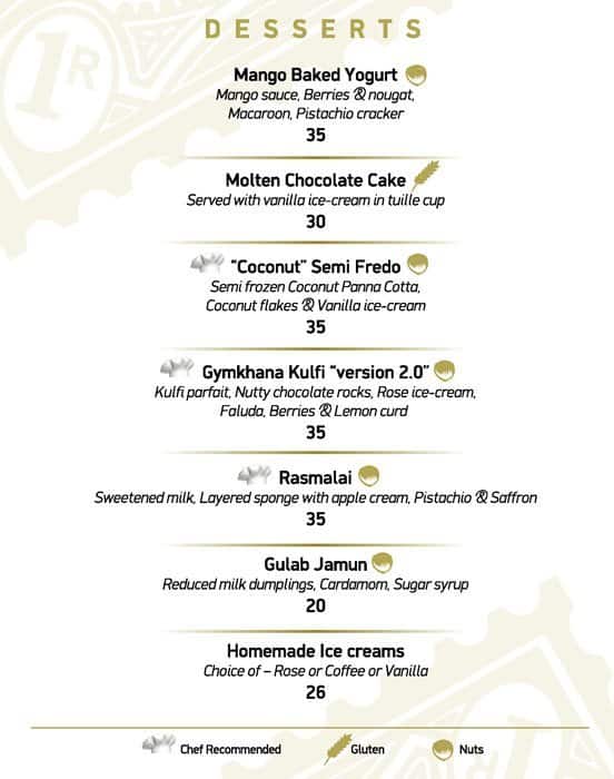 Menu at Gymkhana restaurant, Doha, Ground Floor