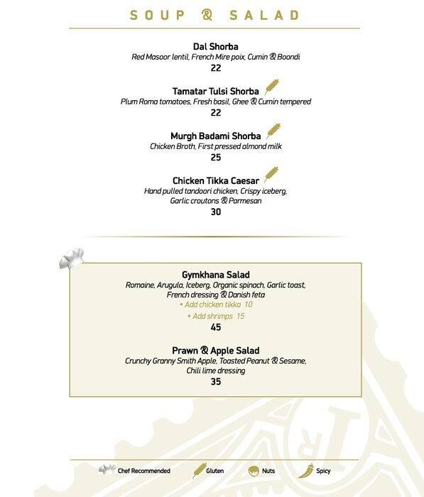 Menu at Gymkhana restaurant, Doha, Ground Floor