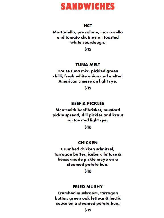 Menu at Hector's Deli restaurant, Melbourne