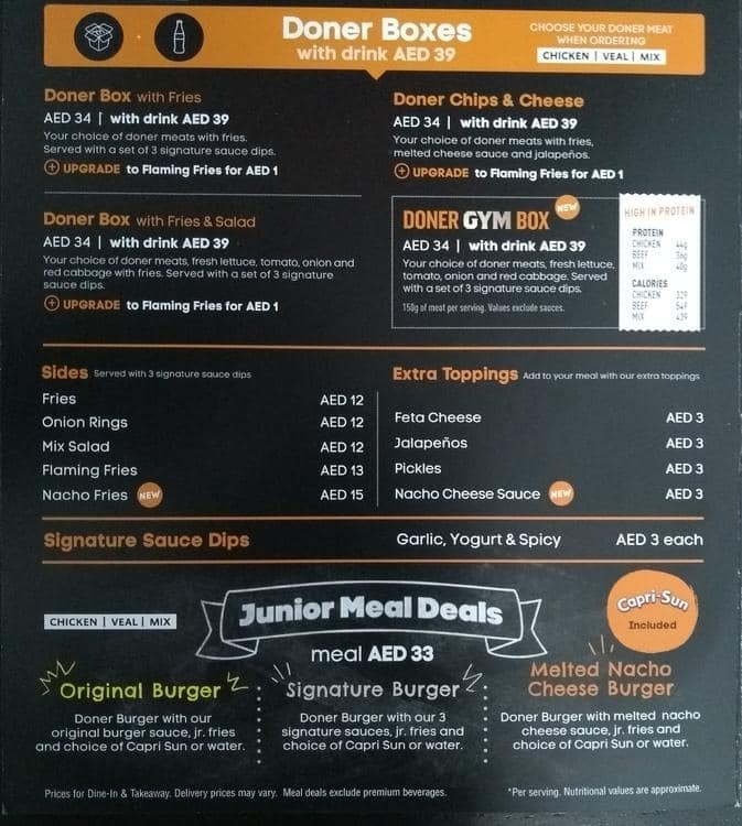 Menu at Doner Kebab fast food, Dubai, 38 62B St