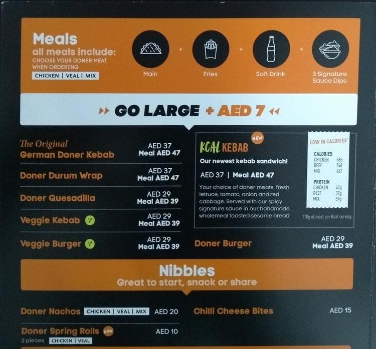 Menu at Doner Kebab fast food, Dubai, 38 62B St