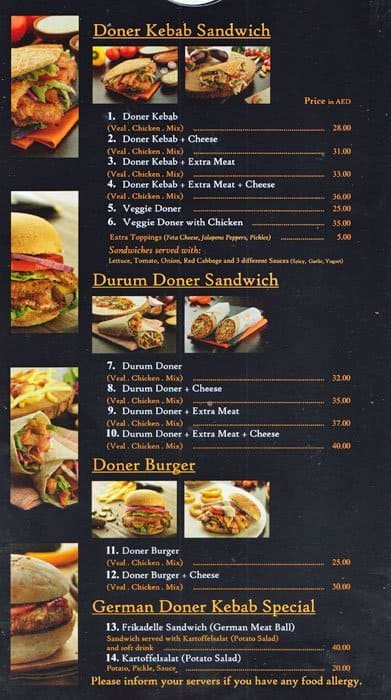 Doner Kebab a Dubai: Foto del Menu con Prezzi - Zomato