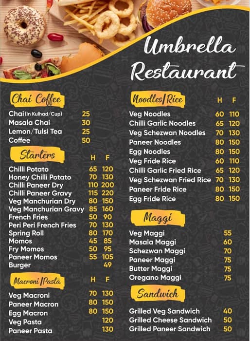 Menu of Umbrella Cafe, Jopling Road, Lucknow