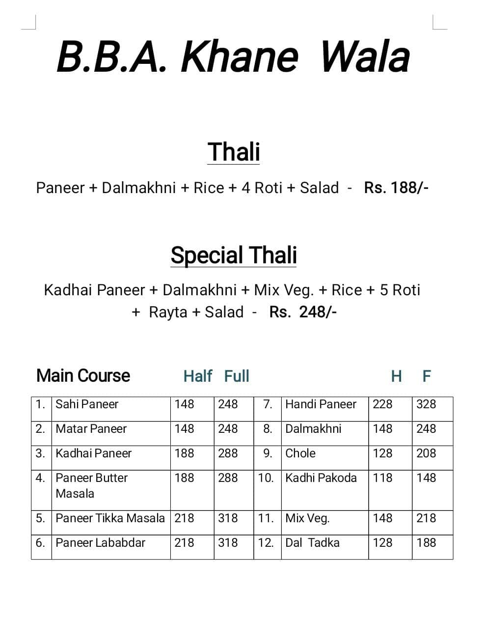 Menu of BBA Khane Wala, Alpha 2, Greater Noida